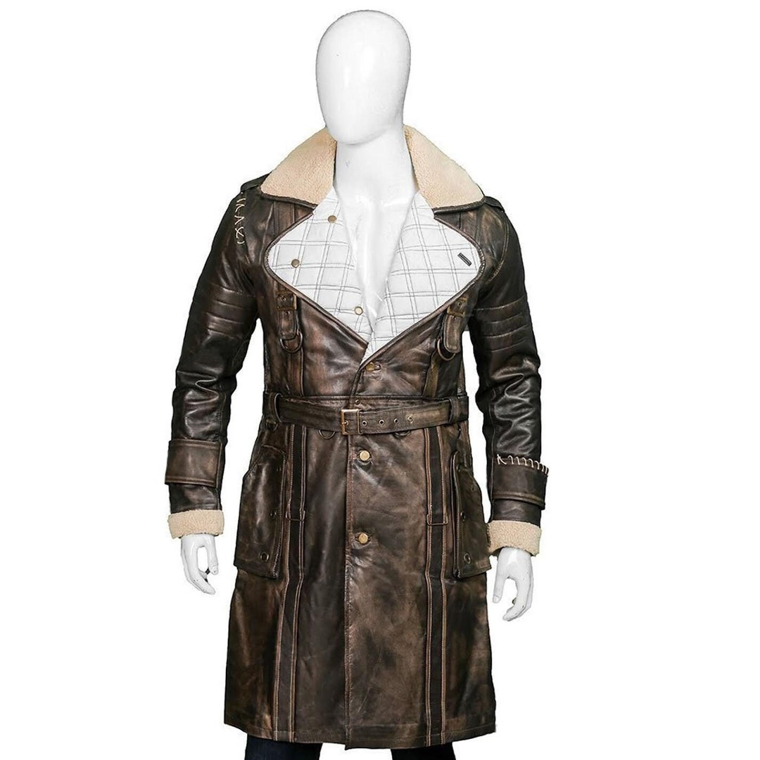 Gaming Trench Leather, Fur Collar Coat Handmade Distressed Brown Real ...
