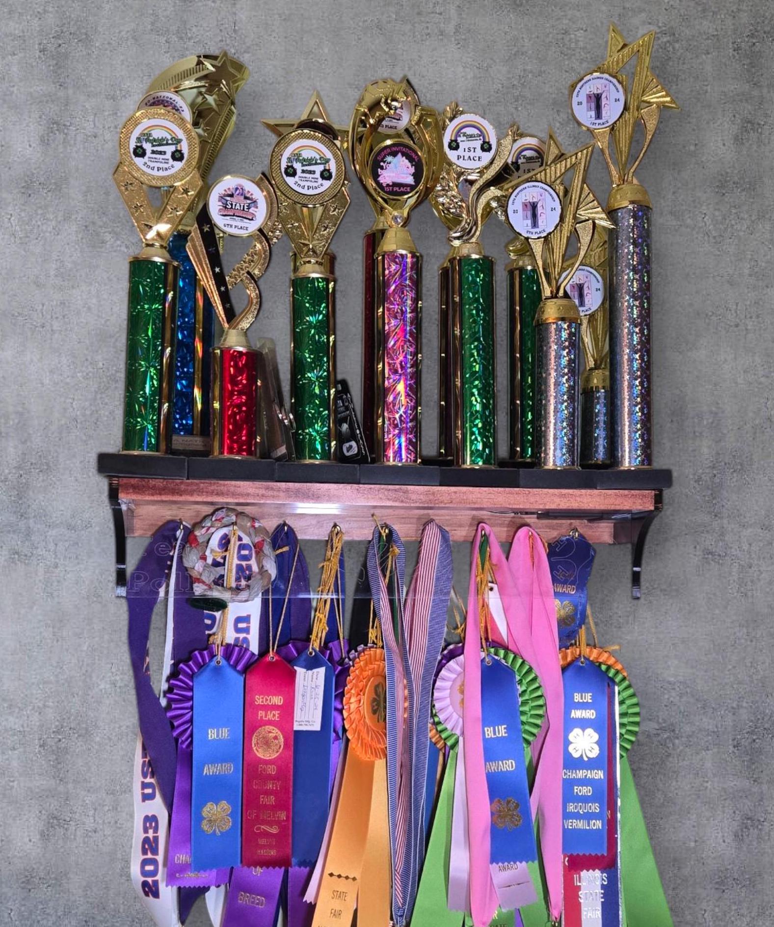 Trophy Shelf With Medal and Ribbon Hanger - Custom Text 9 Brass Hooks ...
