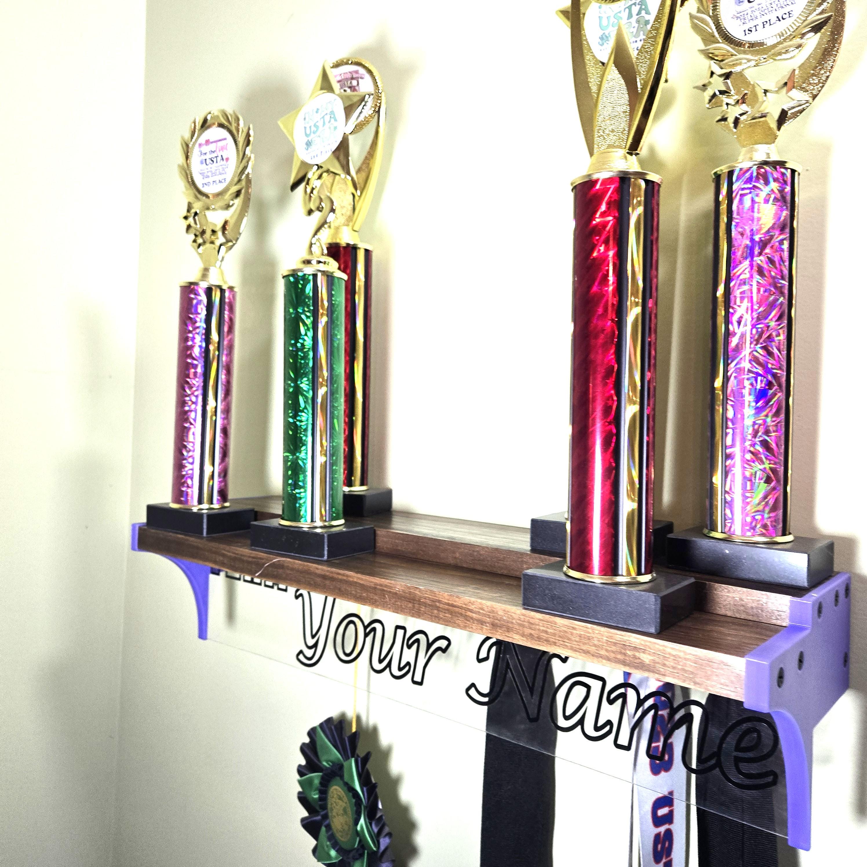 Trophy Shelf With Medal and Ribbon Hanger - Custom Text 9 Brass Hooks ...