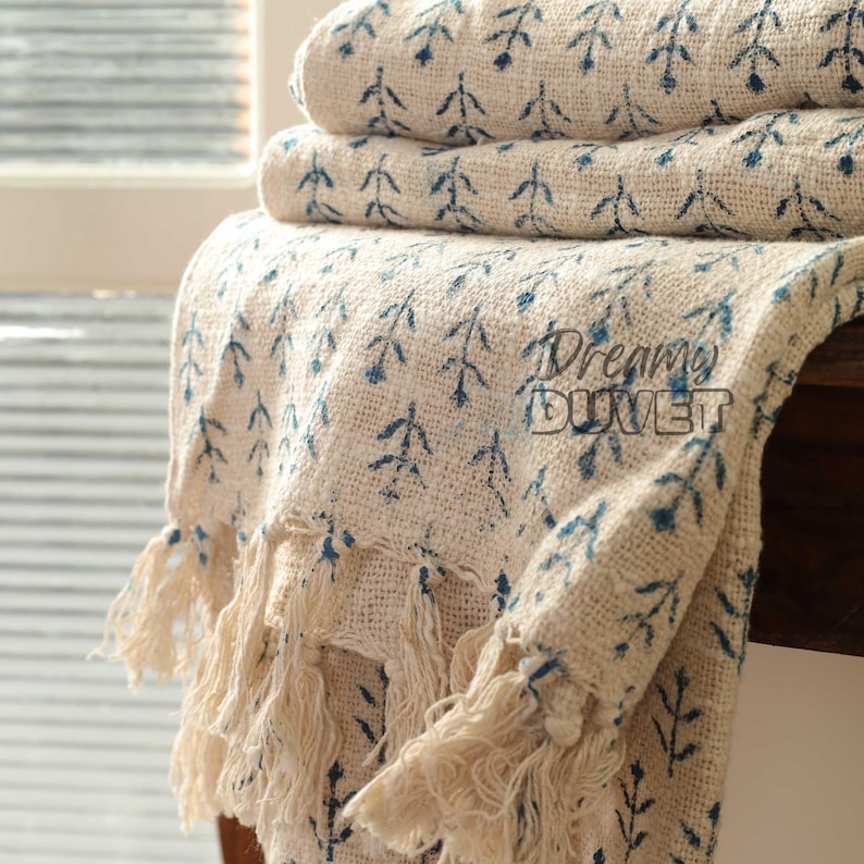 Hand Block Print Cotton Throw Blanket - Boho Floral Kantha Quilt ...