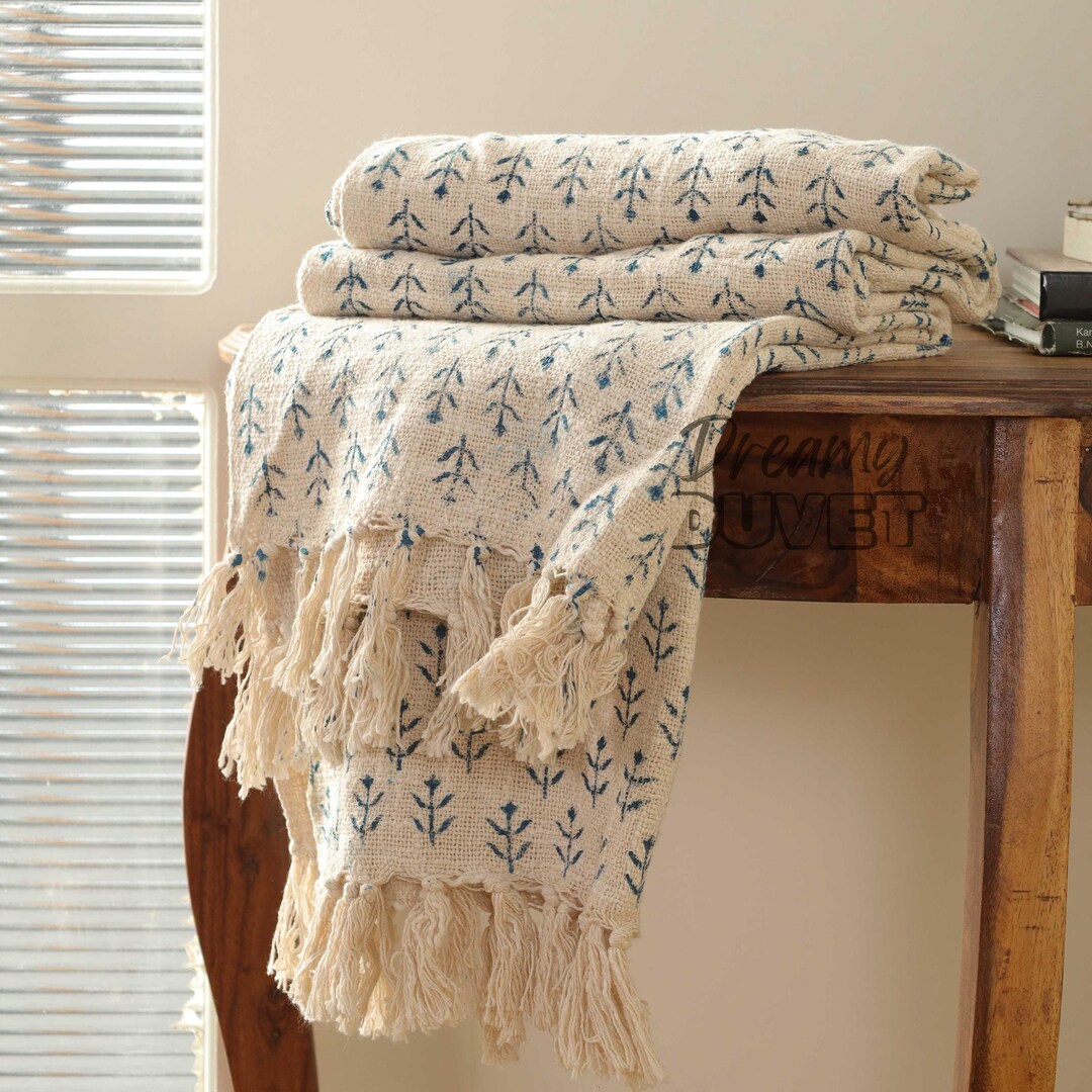 Hand Block Print Cotton Throw Blanket - Boho Floral Kantha Quilt ...