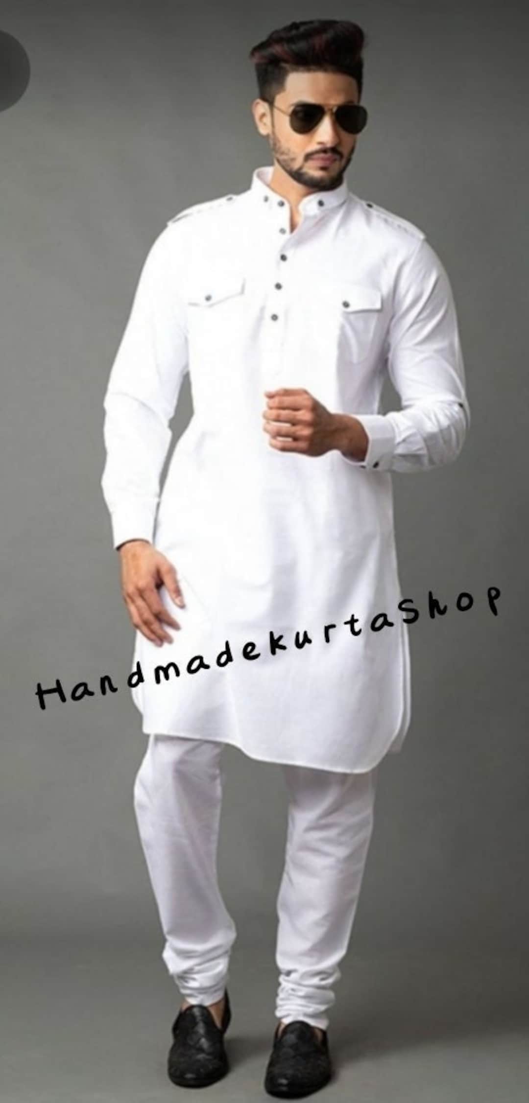 Mens White Cotton Pathani Kurta: Traditional Panjabi Shirt - Etsy