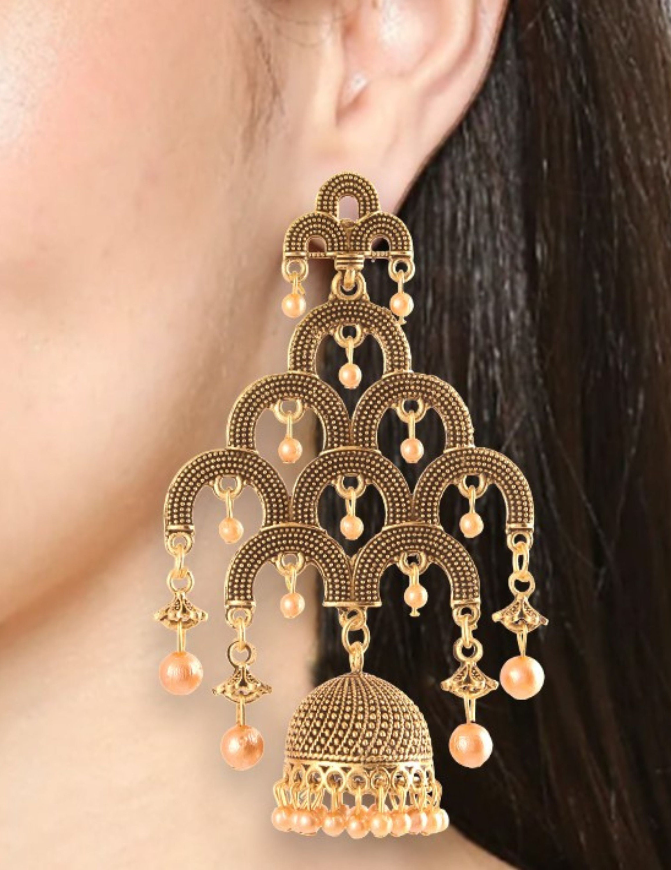 Antique Earrings Oxidized Jhumka Stone Beads Indian Handmade Jewelry ...
