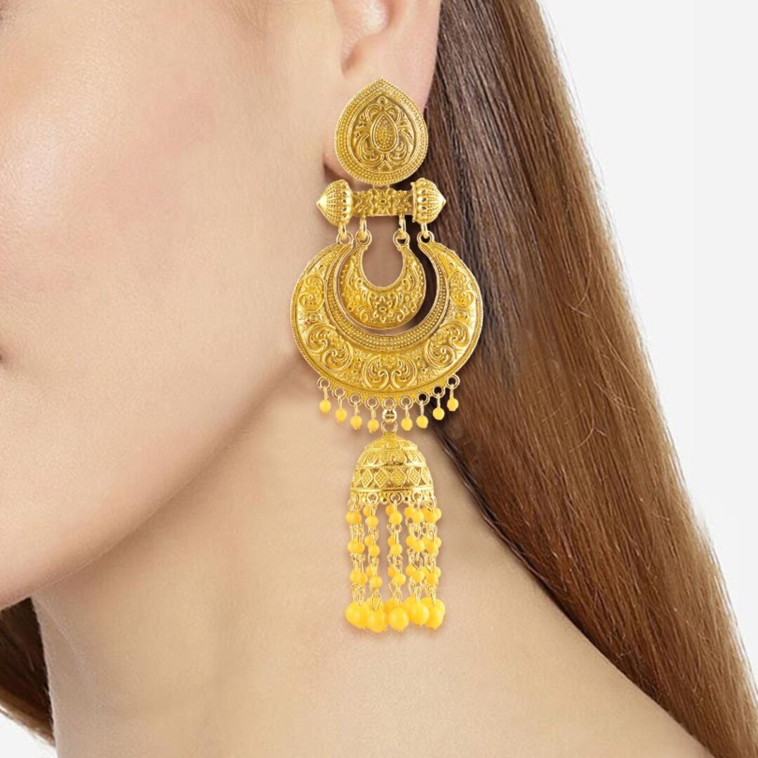 Temple Earrings Long Jhumkas Beads Oxidized Gold Indian Bollywood ...