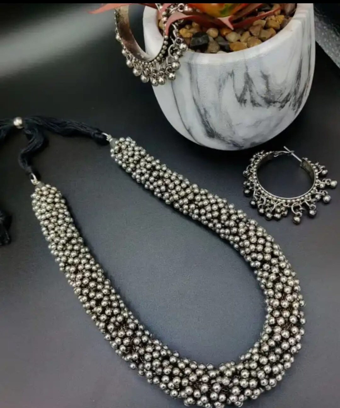 Jaipuri Tribal Gothic Long Necklace Set With Hoop Earrings Unique ...