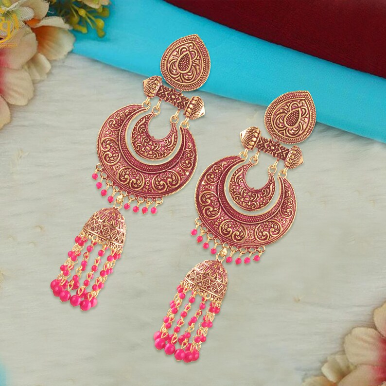 Temple Earrings Long Jhumkas Beads Oxidized Gold Indian Bollywood ...