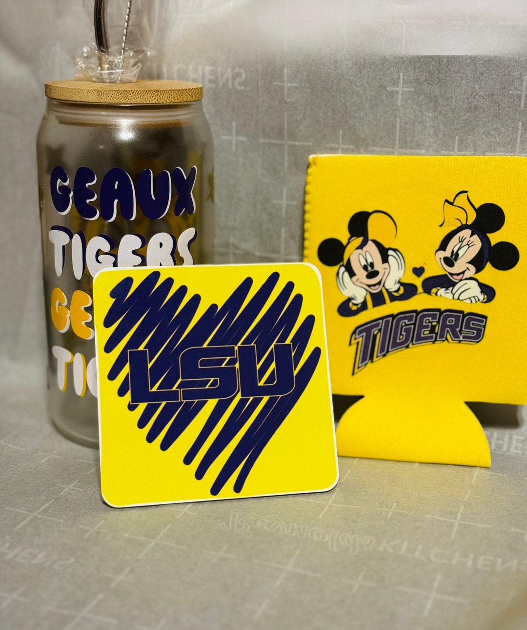 Vintage LSU Tigers Bamboo Glass Libby Set With Coaster and Can Cooler ...