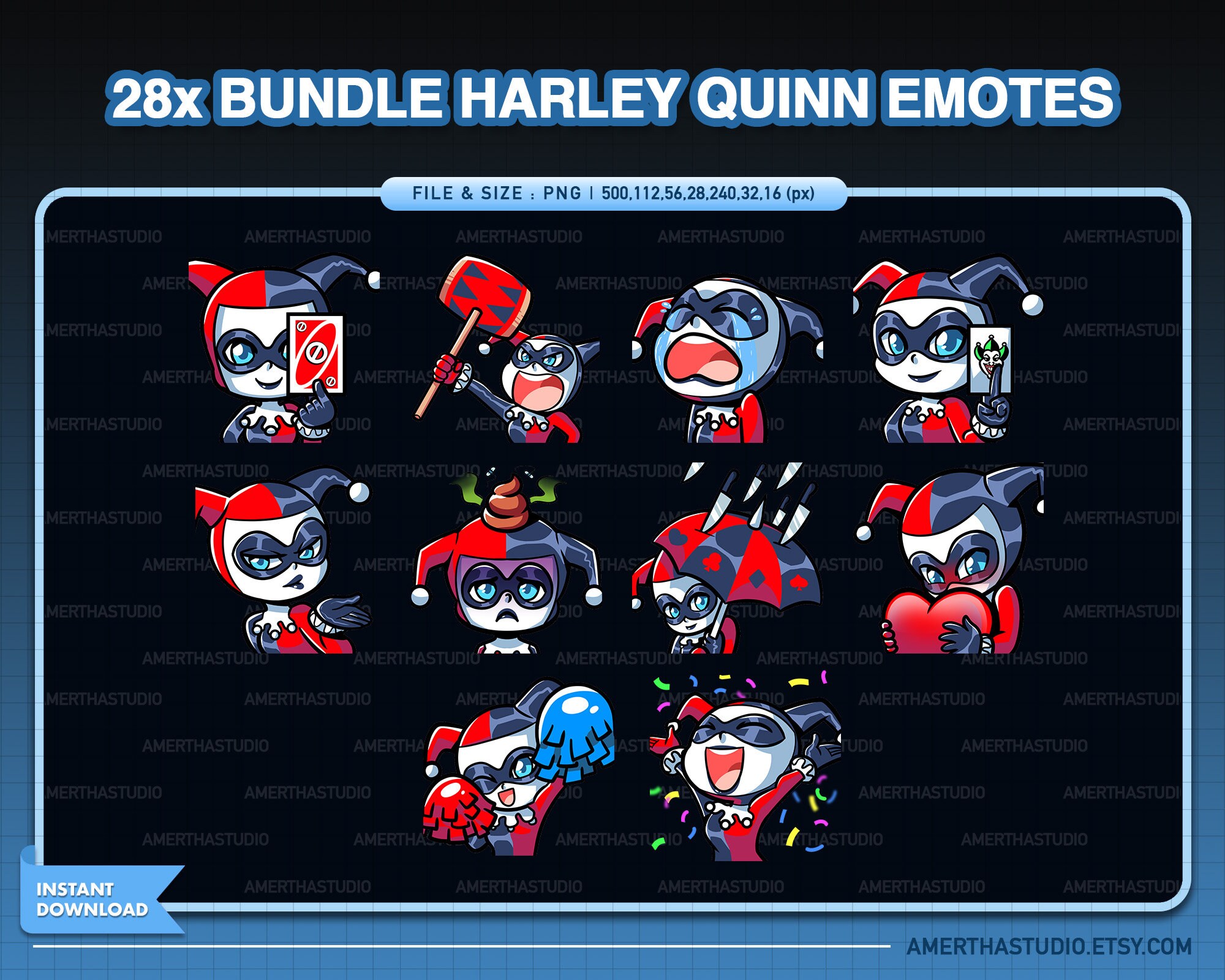 28x Harley Quinn Joker Streamer Emotes Pack | Kawaii Emotes | Cute ...