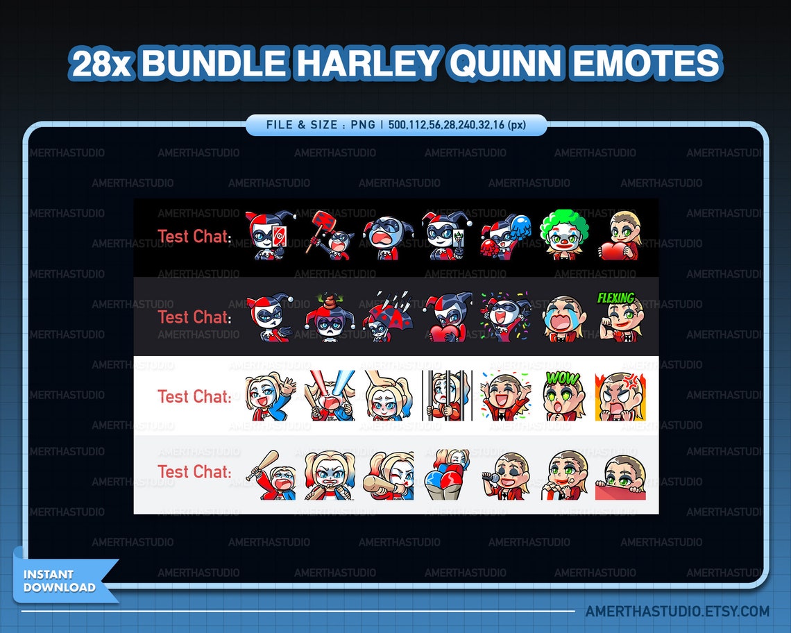 28x Harley Quinn Joker Streamer Emotes Pack | Kawaii Emotes | Cute ...