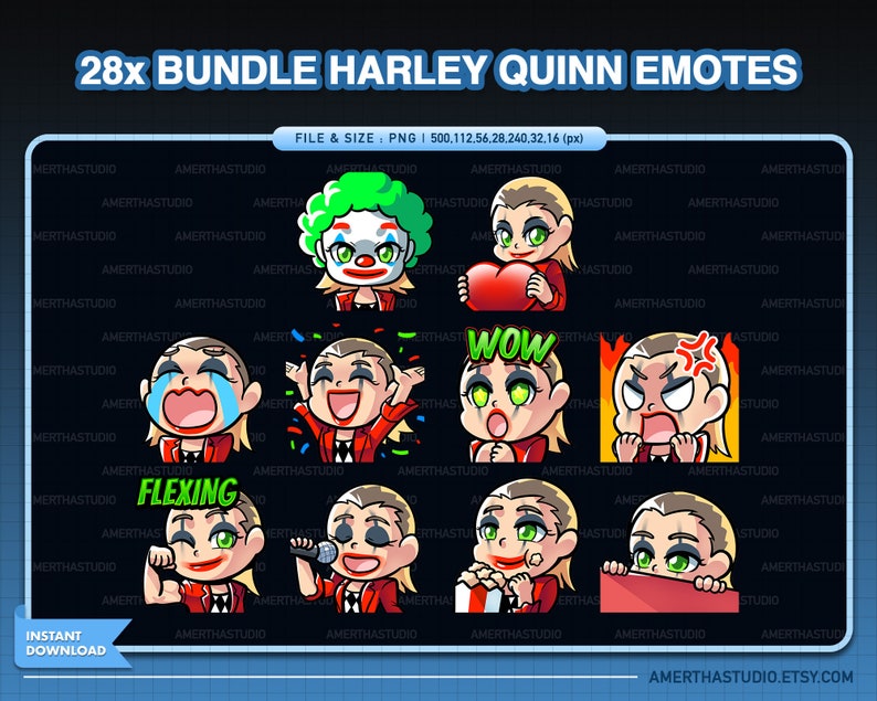 28x Harley Quinn Joker Streamer Emotes Pack | Kawaii Emotes | Cute ...