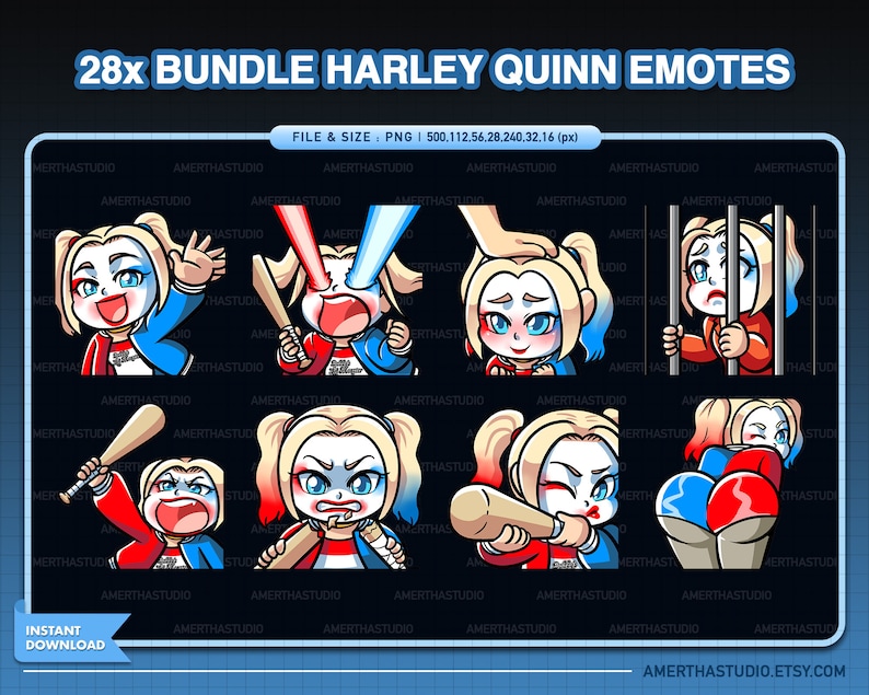28x Harley Quinn Joker Streamer Emotes Pack | Kawaii Emotes | Cute ...