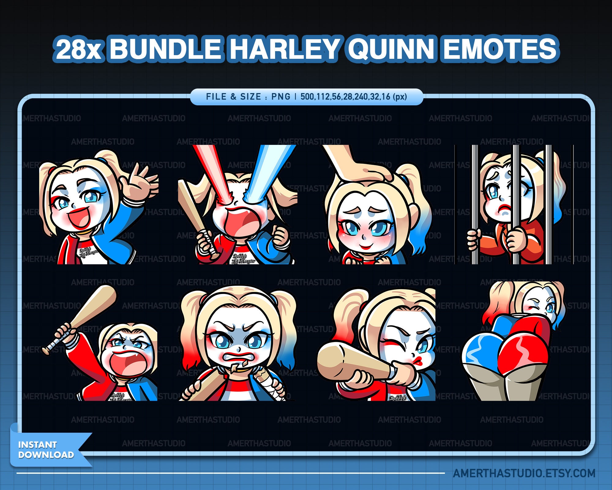 28x Harley Quinn Joker Streamer Emotes Pack | Kawaii Emotes | Cute ...