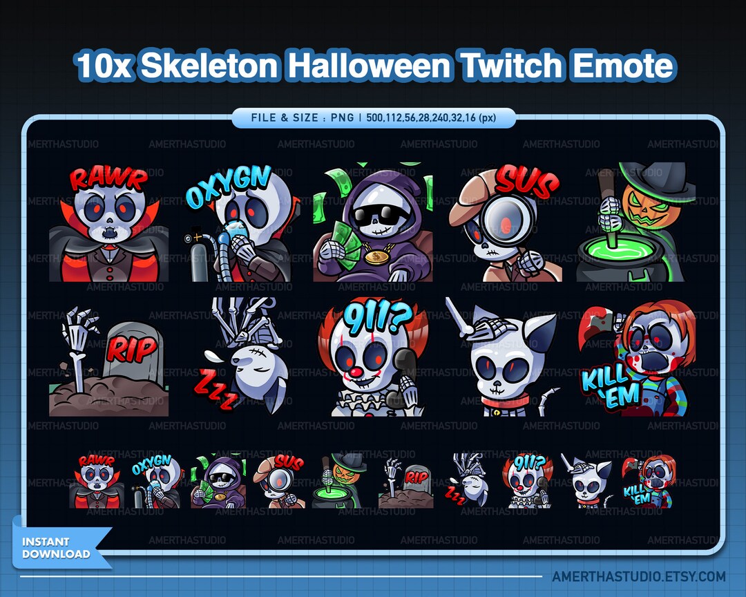 10x Skeleton Halloween Streamer Emotes Pack | Kawaii Emotes | Cute ...