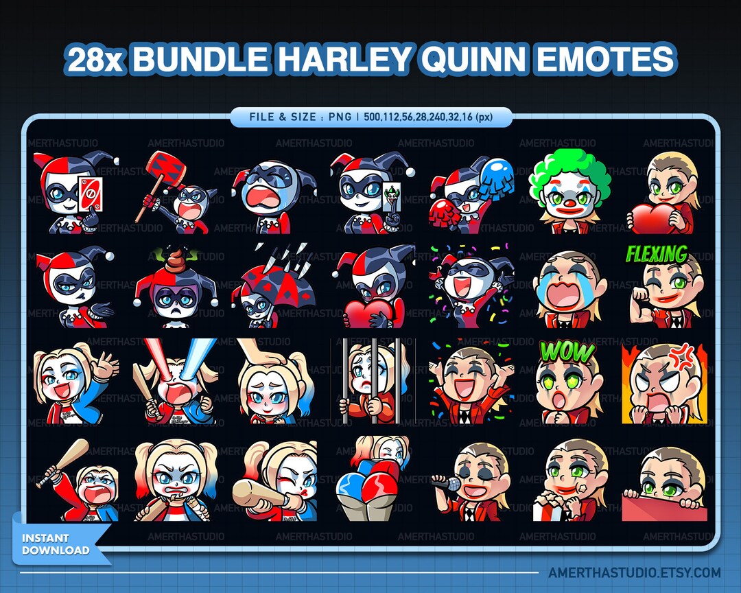28x Harley Quinn Joker Streamer Emotes Pack | Kawaii Emotes | Cute ...