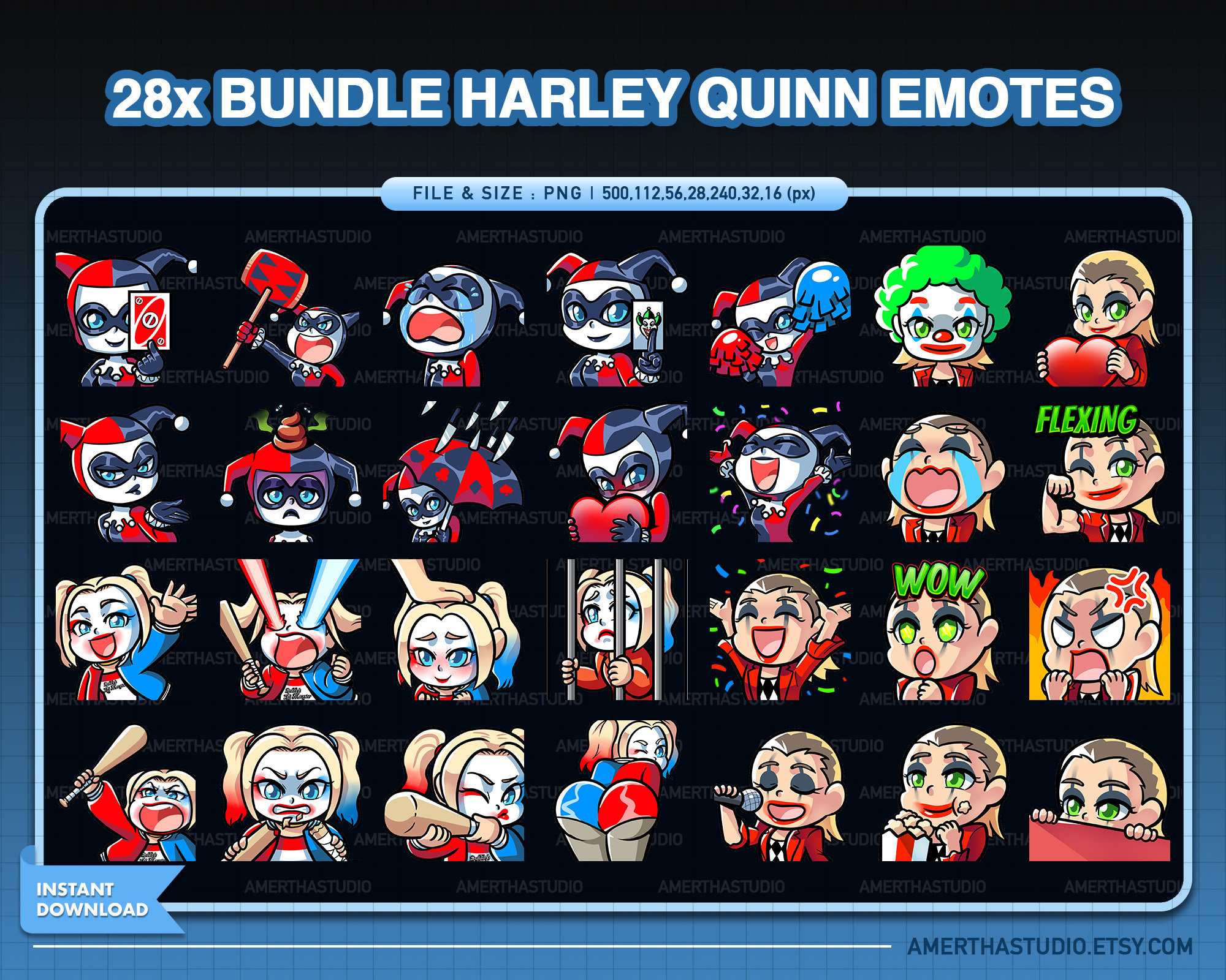 28x Harley Quinn Joker Streamer Emotes Pack | Kawaii Emotes | Cute ...