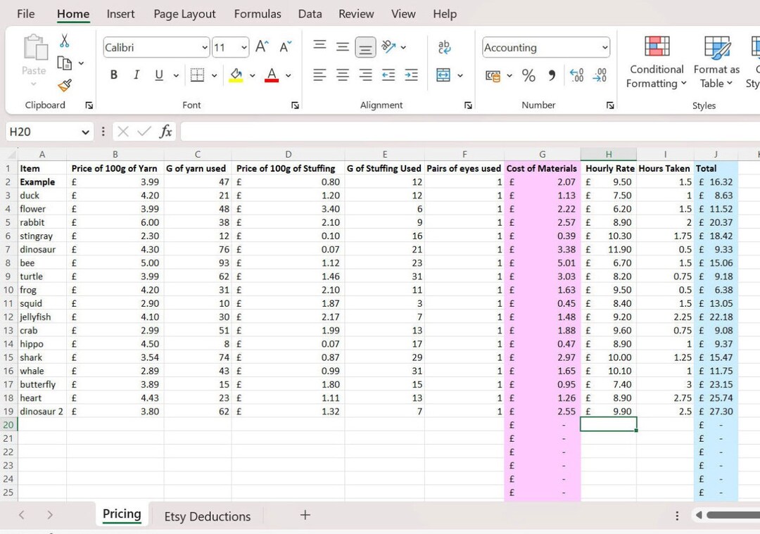 Crochet Pricing Spreadsheet - Etsy