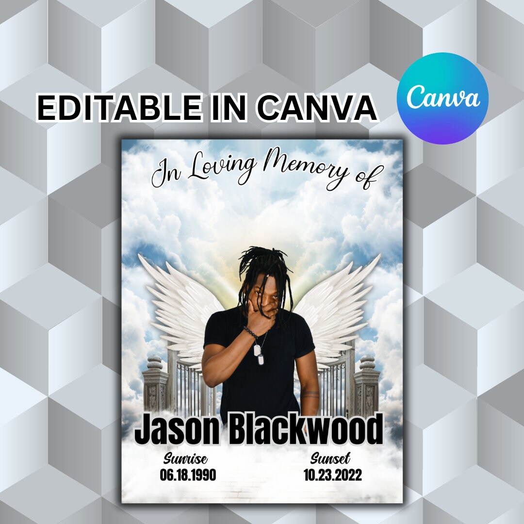 Memorial Flyer With Angel Wing | Death Announcement Flyer | Memorial T ...