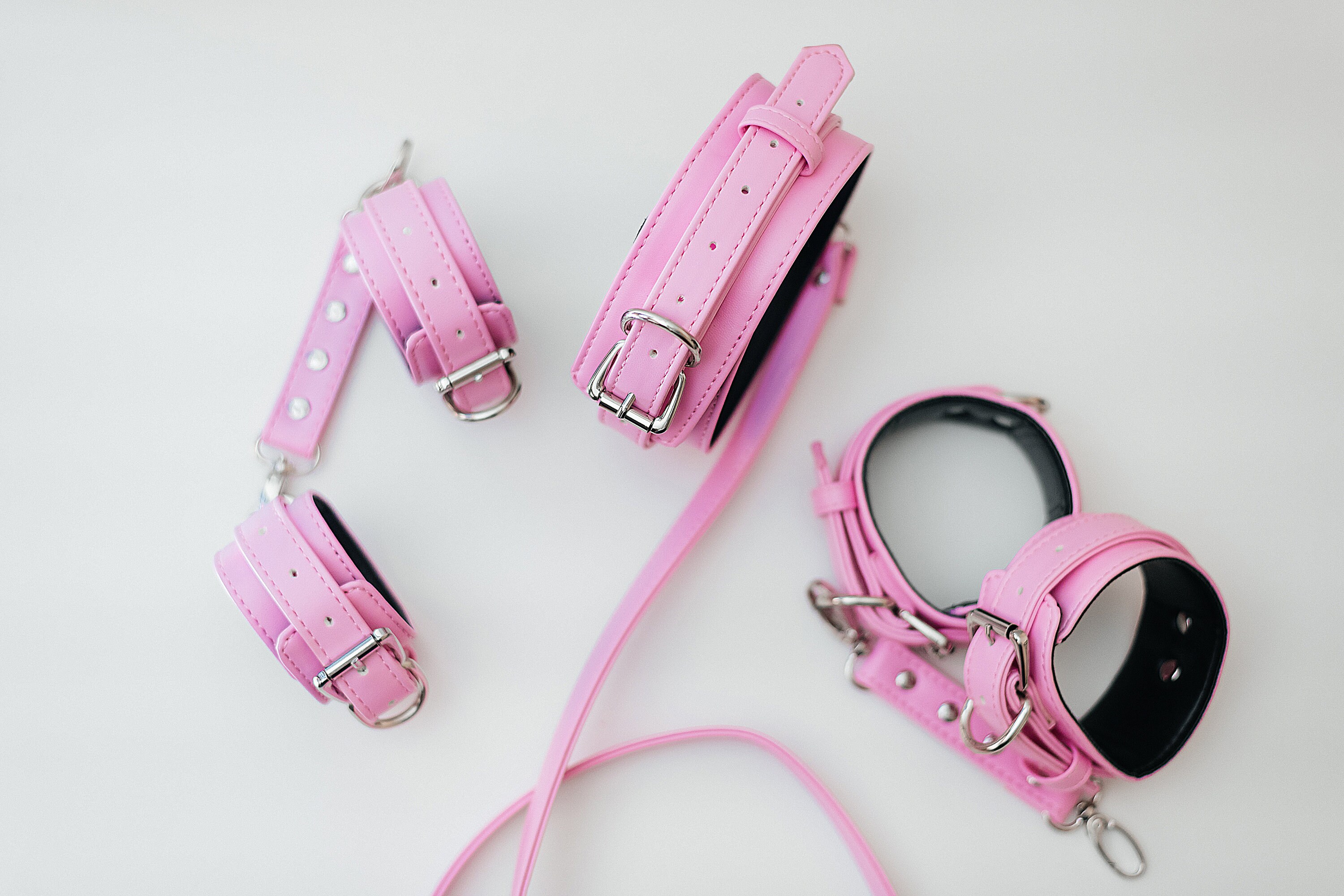Premium Pink Gear Set, Leather BDSM Gear Set, Handcuffs, Ankle Cuffs ...