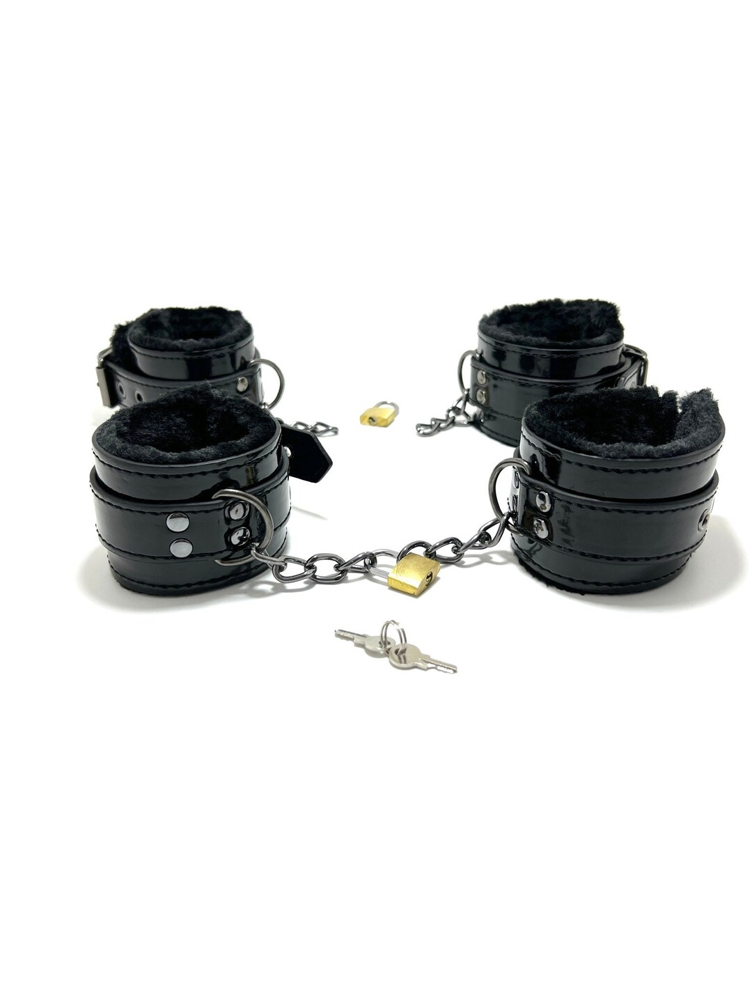Patent Leather Black Handcuffs, Plush Leather BDSM Gear Set, Handcuffs ...
