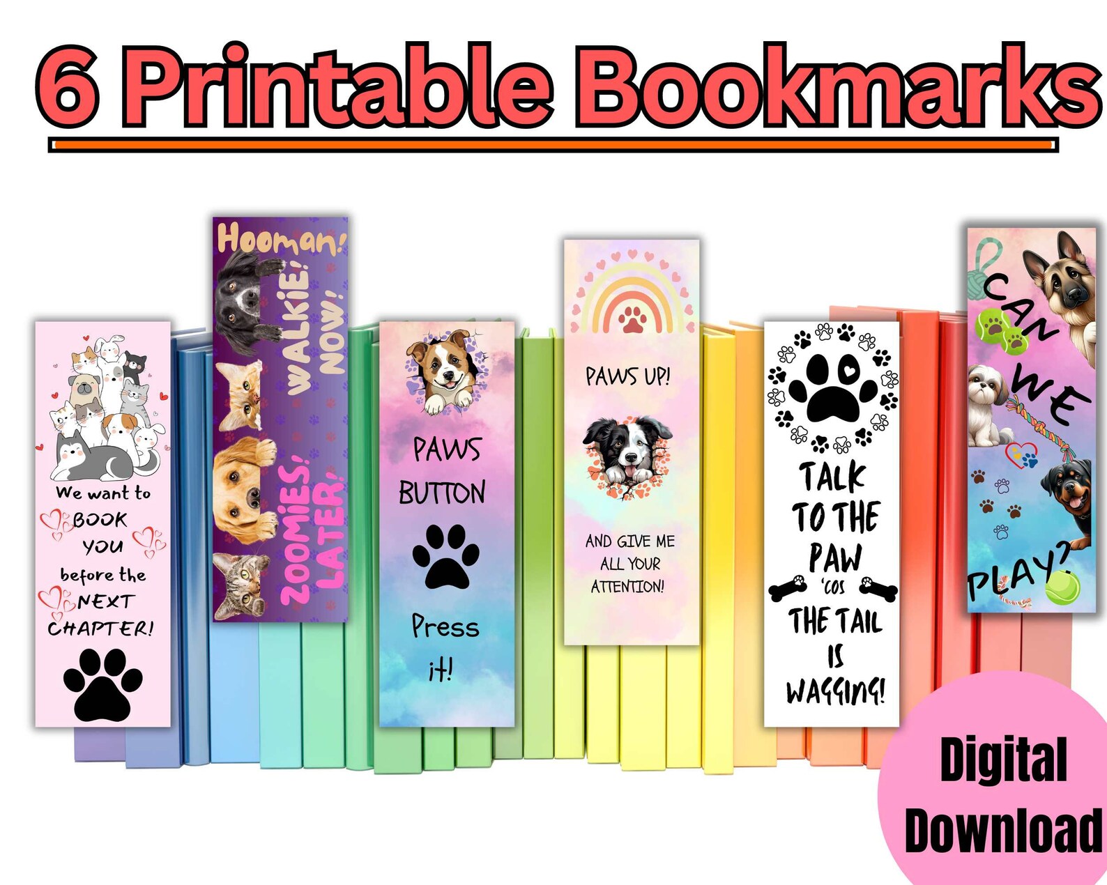 Cute Dog Themed Printable Bookmarks for Book Lovers, Paws Button ...
