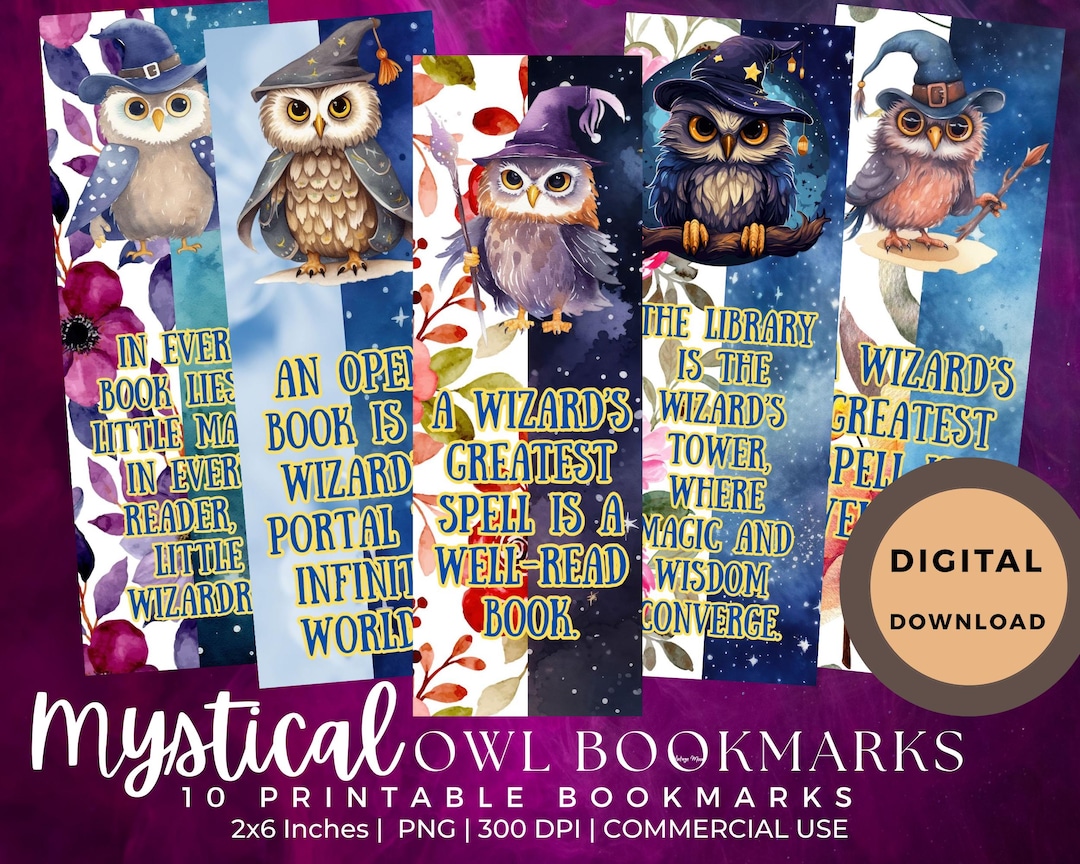 Mystical Wizard Owl Printable Bookmarks for Book Lovers, Magical Witch ...