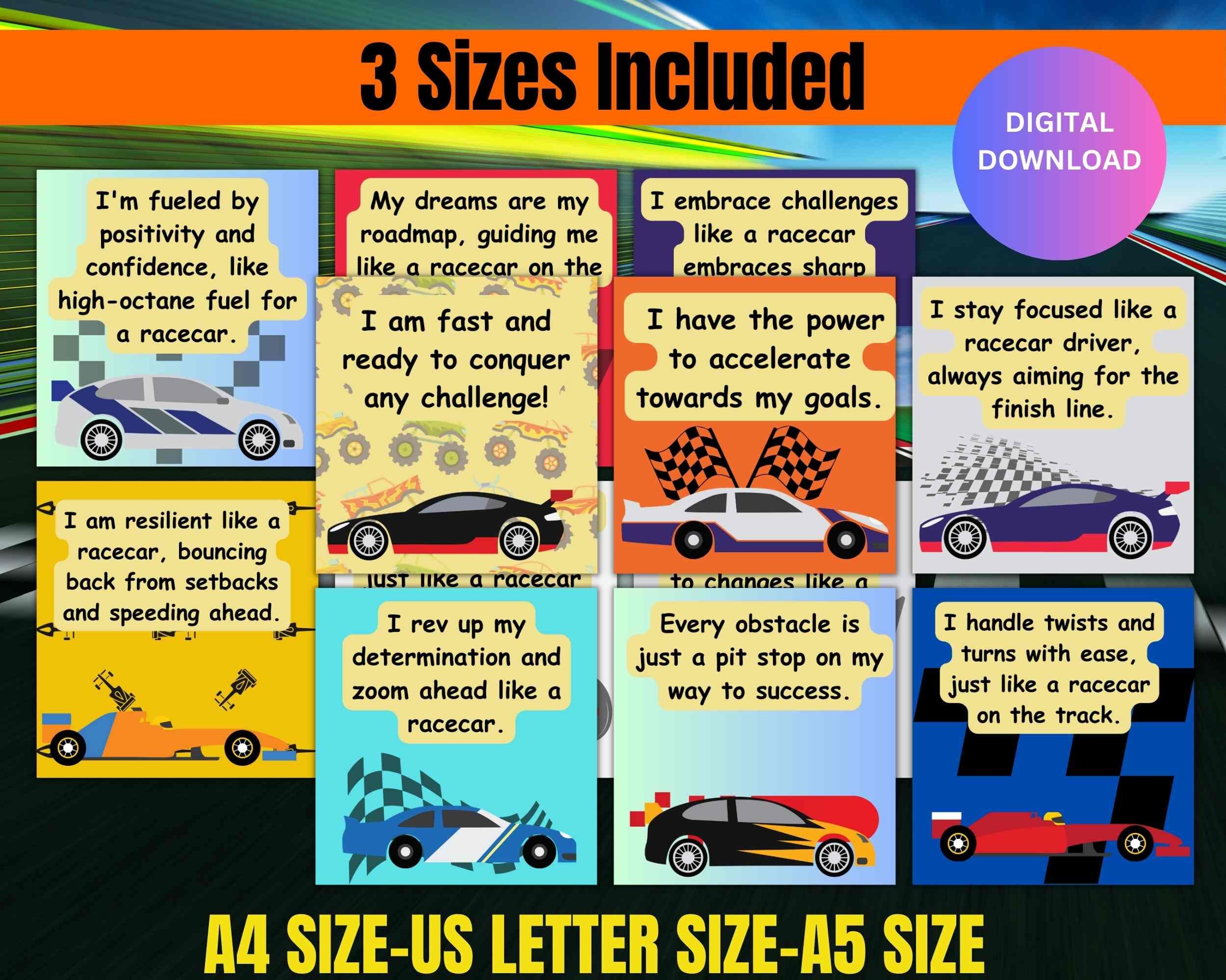 Racecar Affirmation Cards for Kids | Cute Racing Car Quotes ...