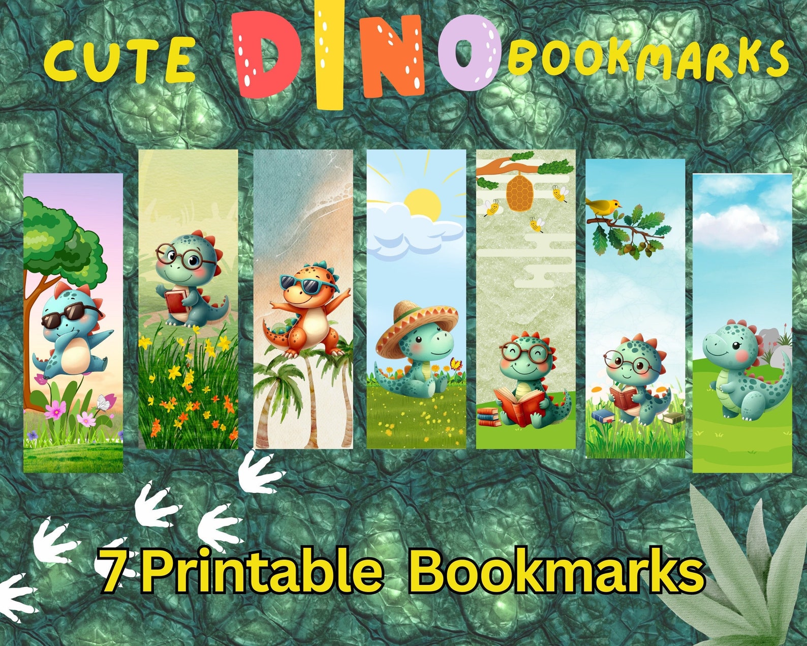 Cute Dinosaur Reading Bookmarks for Kids - Set of 7 Printable Digital ...
