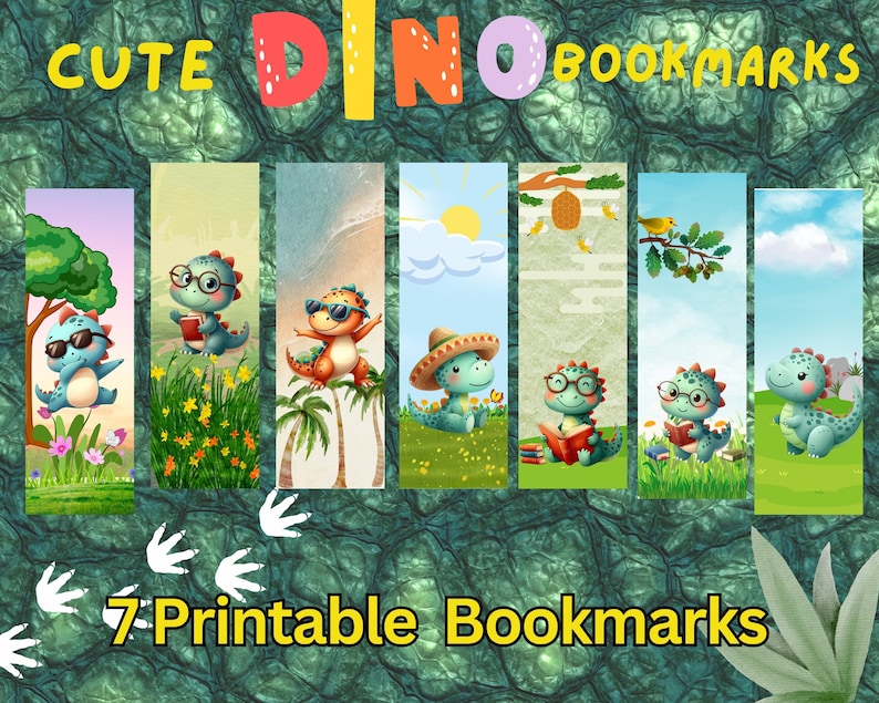 Cute Dinosaur Reading Bookmarks for Kids - Set of 7 Printable Digital ...