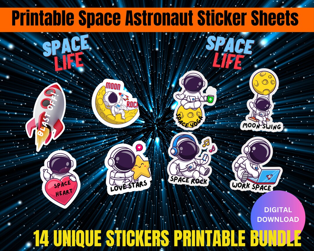 SPACE THEME ASTRONAUT Printable Sticker Sheets, 14 Stickers Printable ...