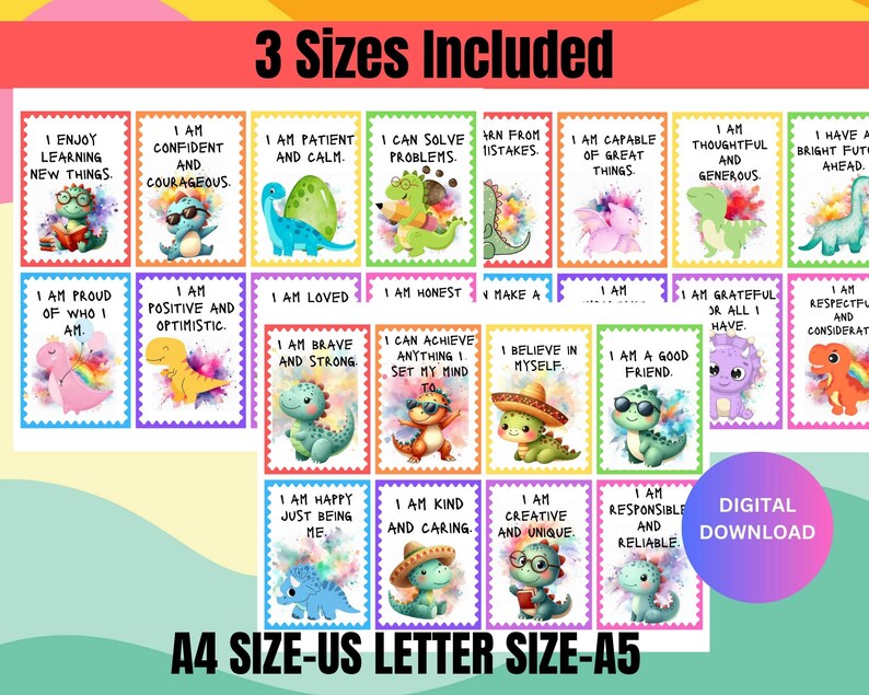 Positive Dino Affirmation Cards for Kids | Cute Dinosaur Quotes ...