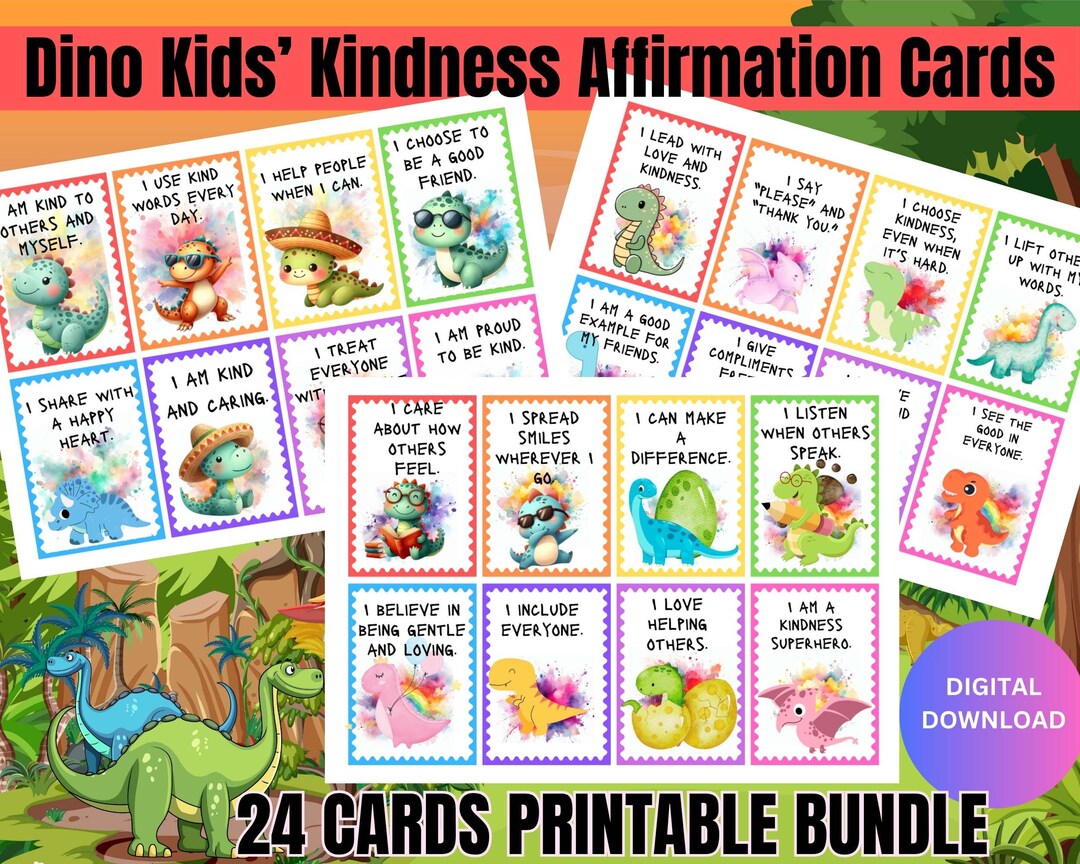 Dino Kindness Affirmation Cards for Kids | Cute Dinosaur Quotes ...