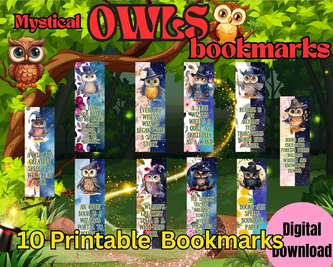 Mystical Wizard Owl Printable Bookmarks for Book Lovers, Magical Witch ...