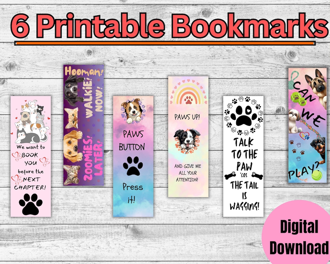 Cute Dog Themed Printable Bookmarks for Book Lovers, Paws Button ...