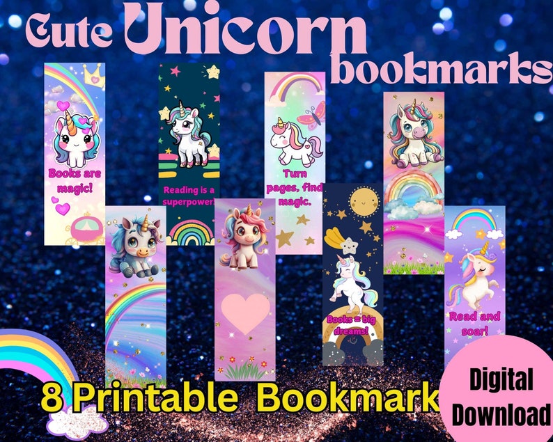 Cute Unicorn Reading Bookmarks for Kids - Set of 8 Printable Digital ...