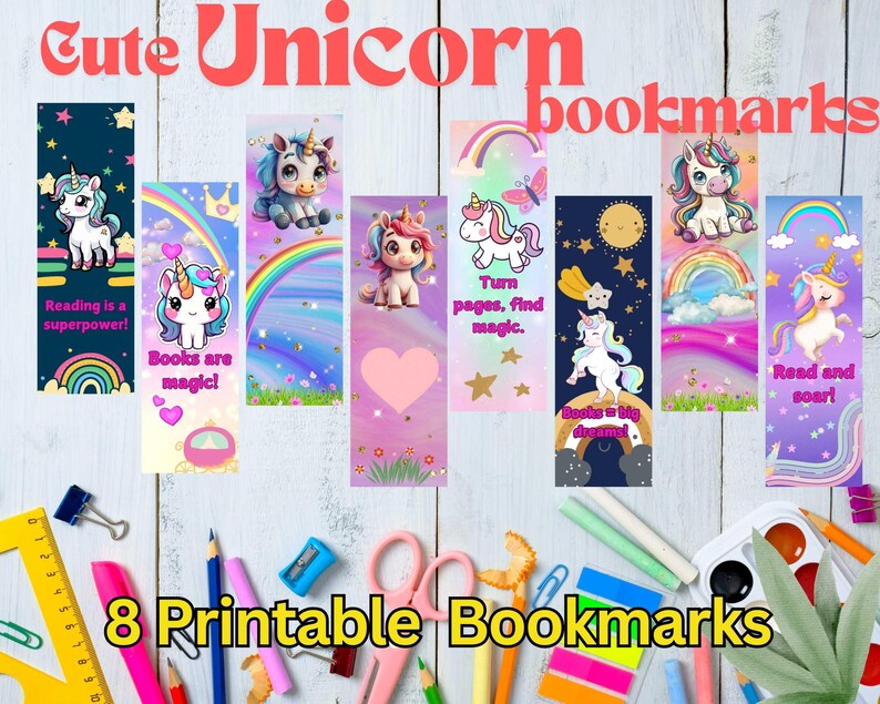 Cute Unicorn Reading Bookmarks for Kids - Set of 8 Printable Digital ...