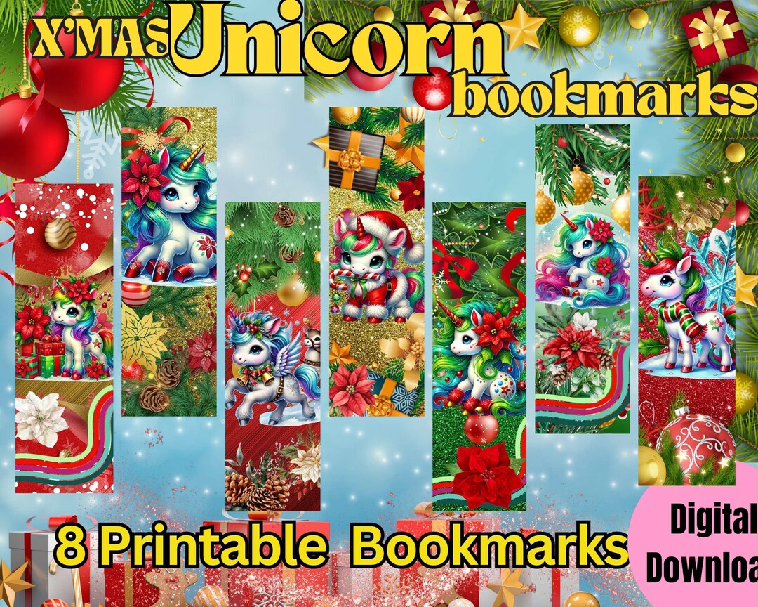 Printable Christmas Unicorn Bookmarks Bundle – Set of 7 Festive Designs ...
