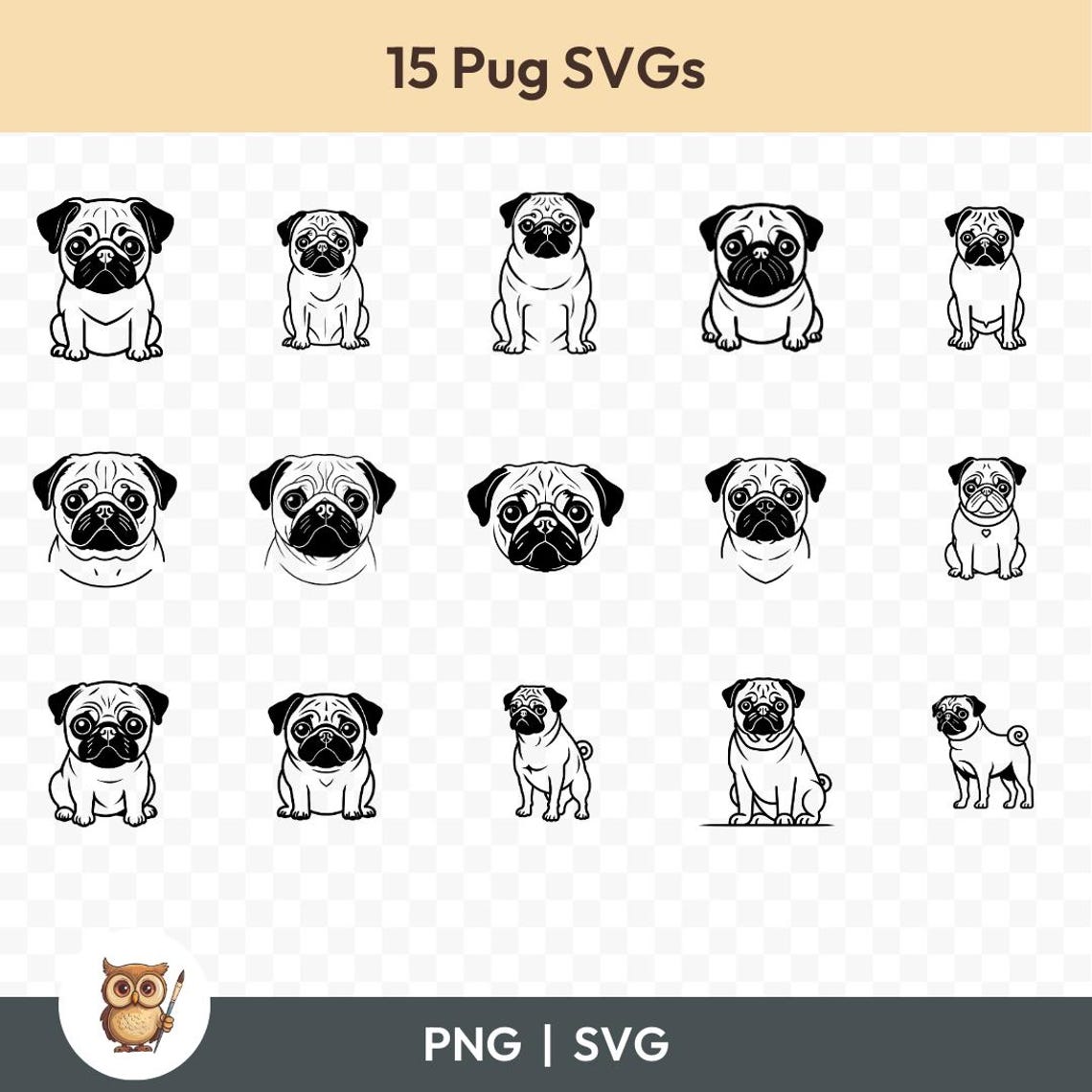 Cute Pug SVG Bundle, Pug Clipart, 15 Pug Cut Files for Cricut, PNG and ...