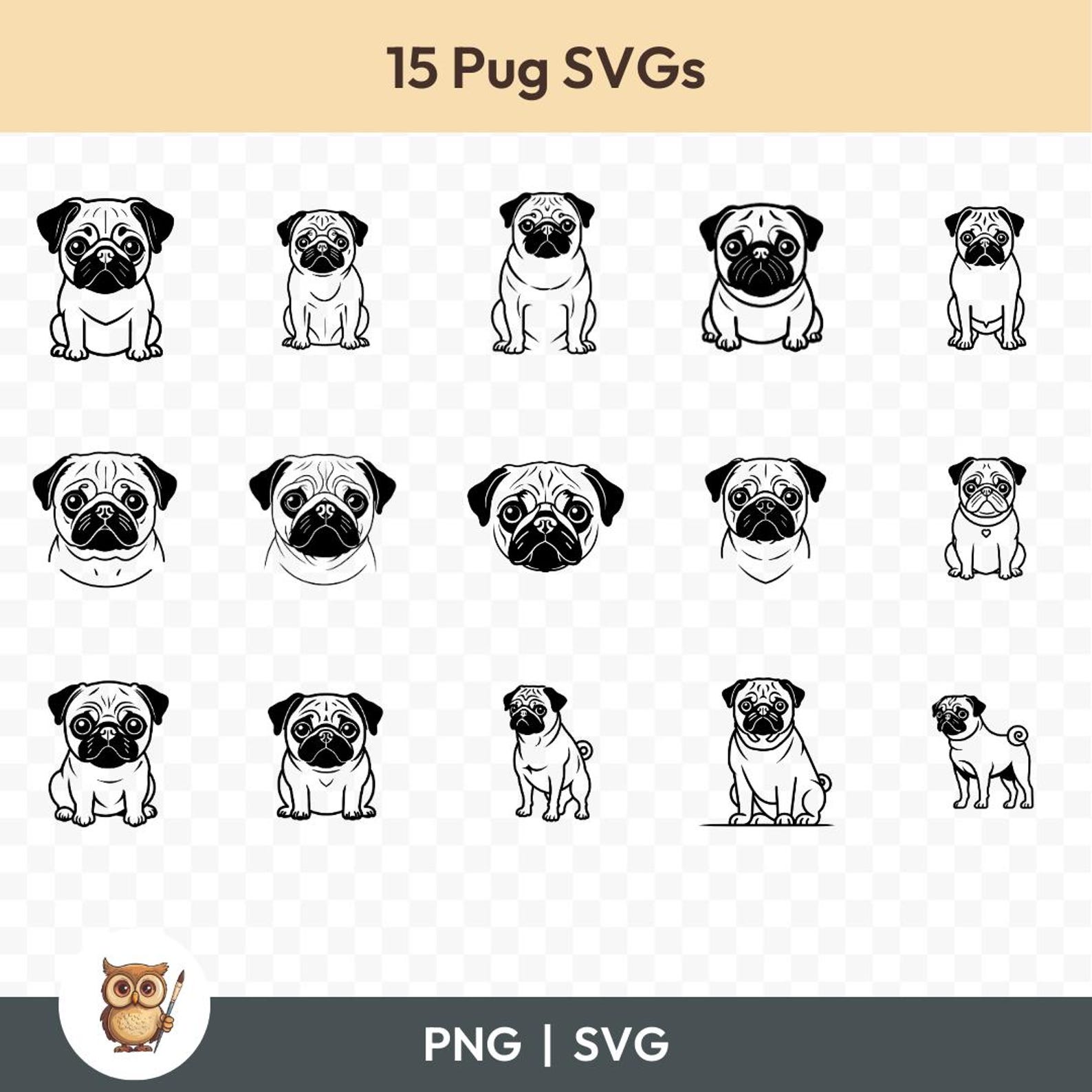 Cute Pug SVG Bundle, Pug Clipart, 15 Pug Cut Files for Cricut, PNG and ...