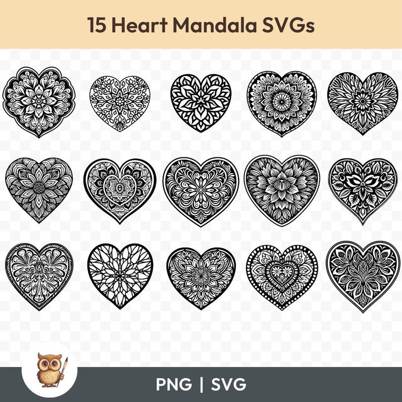 Heart Mandala SVG Bundle, Heart Mandalas Clipart, 15 Heart Mandala Cut ...