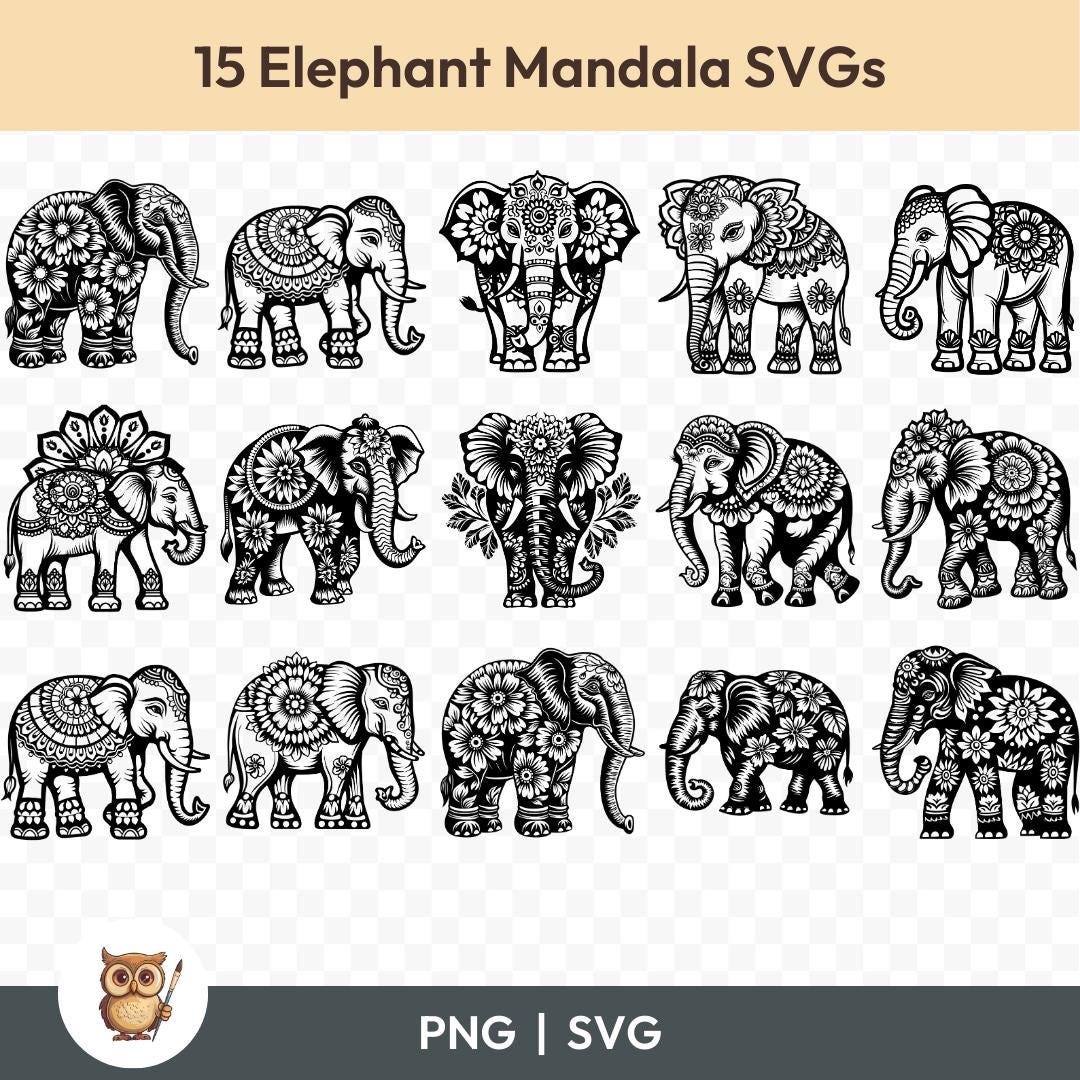 Elephant Mandala SVG Bundle, Elephant Mandalas Clipart, 15 Elephant ...