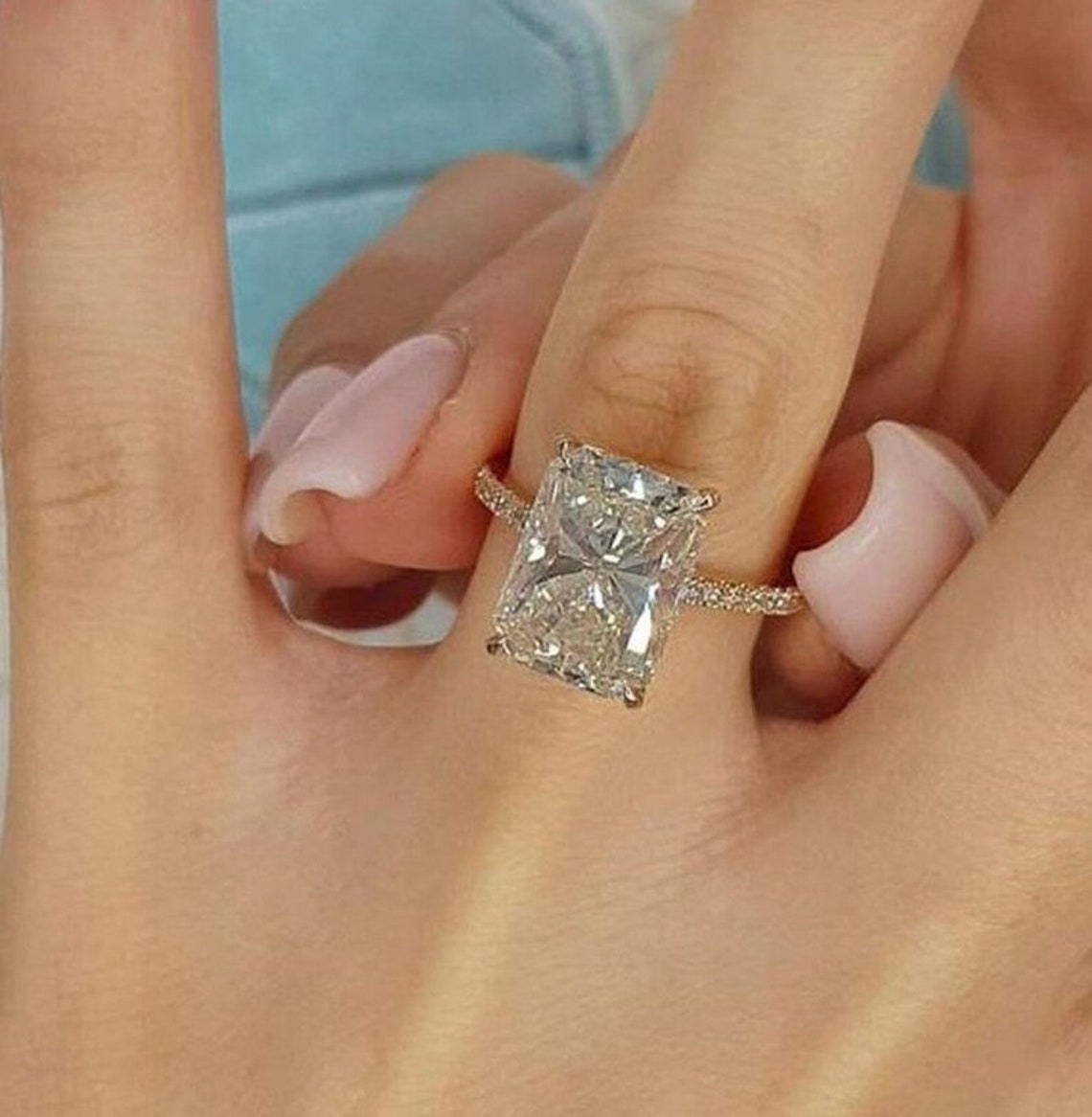 Buy 14k Solid Gold Radiant Halo Engagement Ring, Dainty Moissanite Ring ...