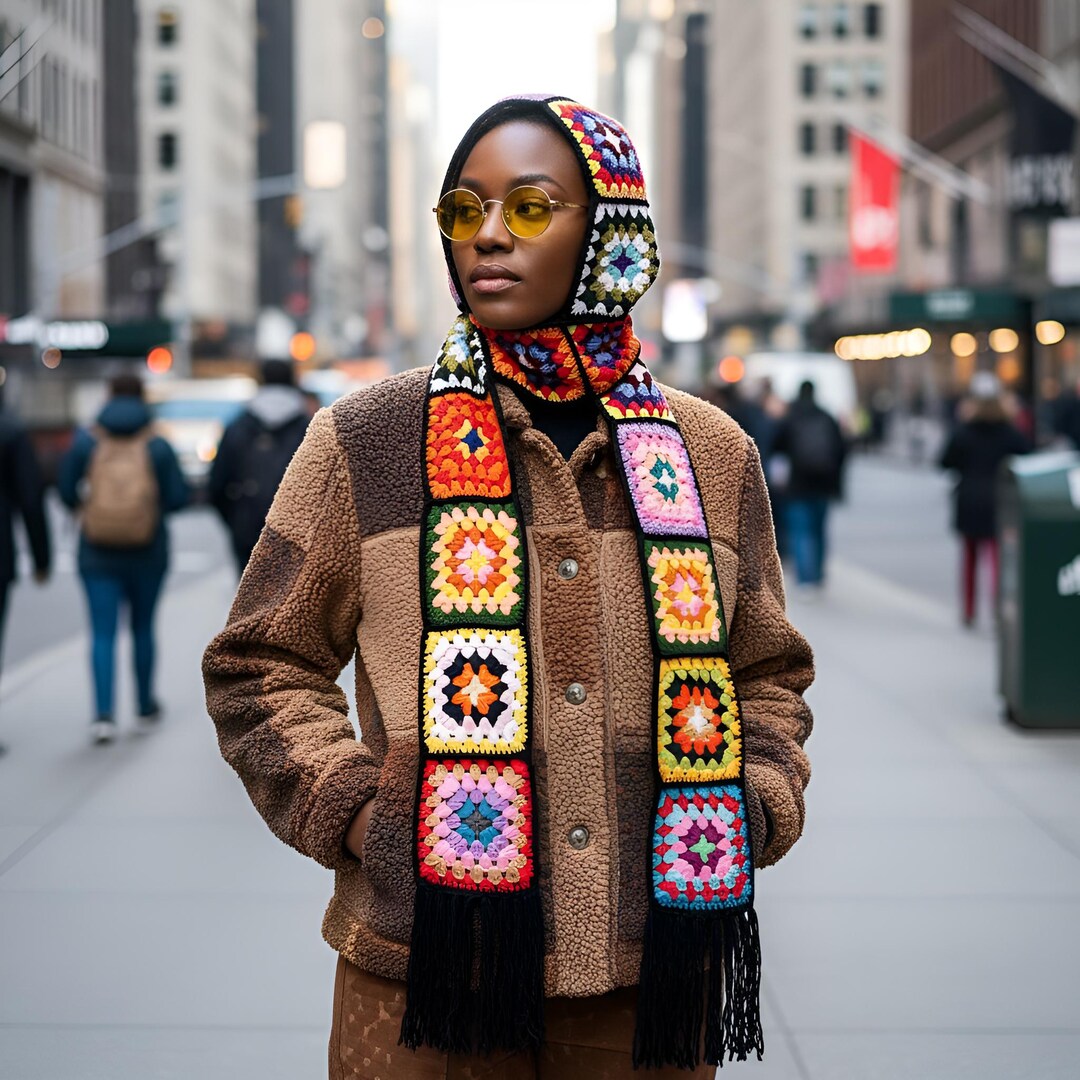 Crochet Granny Square Colorful Hood Scarf, Handmade Balaclava Scarf ...