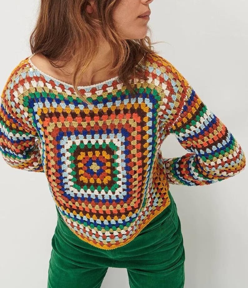 Crochet Pullover Sweater Granny Square Colorful Sweater - Etsy
