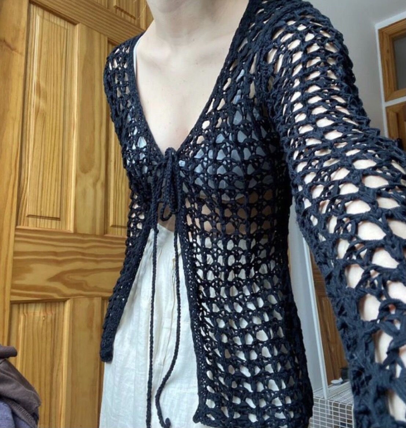 Crochet Mesh Cardigan, Black Summer Cardigan, Women Chic Cardigan ...
