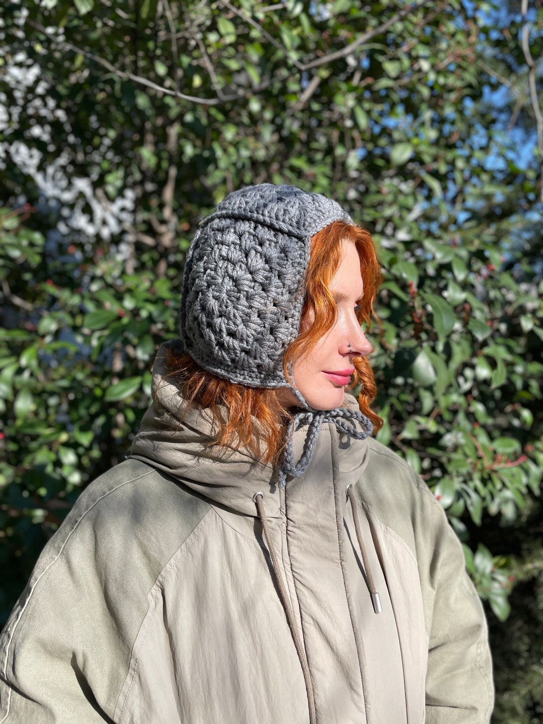 Crochet Granny Square Gray Bonnet, Handmade Bonnet With Tie, Warm ...