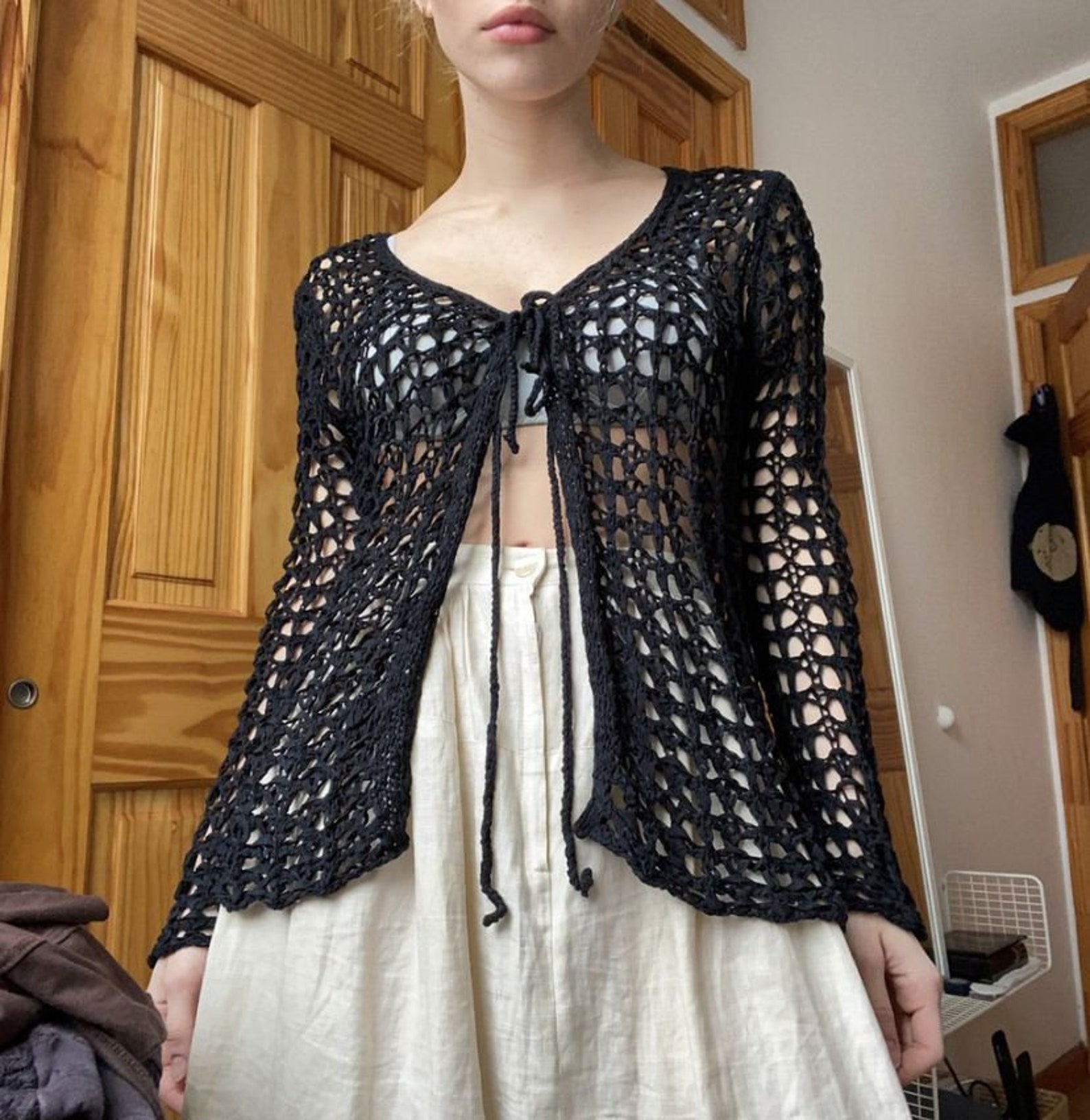 Crochet Mesh Cardigan, Black Summer Cardigan, Women Chic Cardigan ...