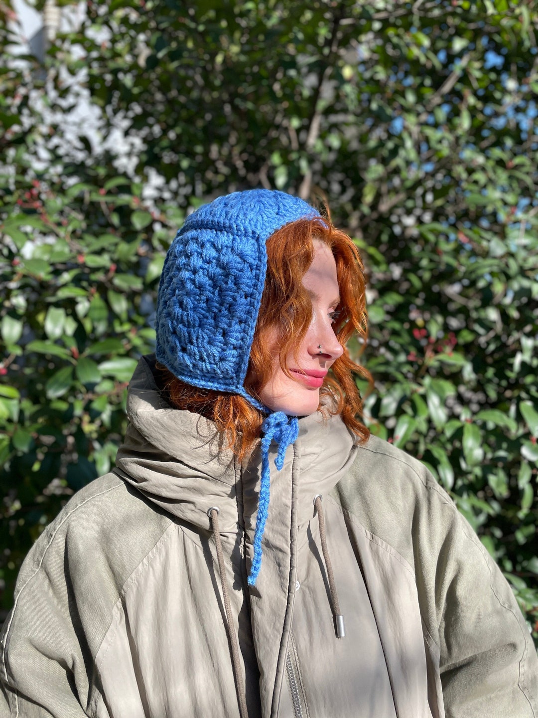 Crochet Granny Square Bonnet, Handmade Bonnet With Tie, Warm Winter Hat ...