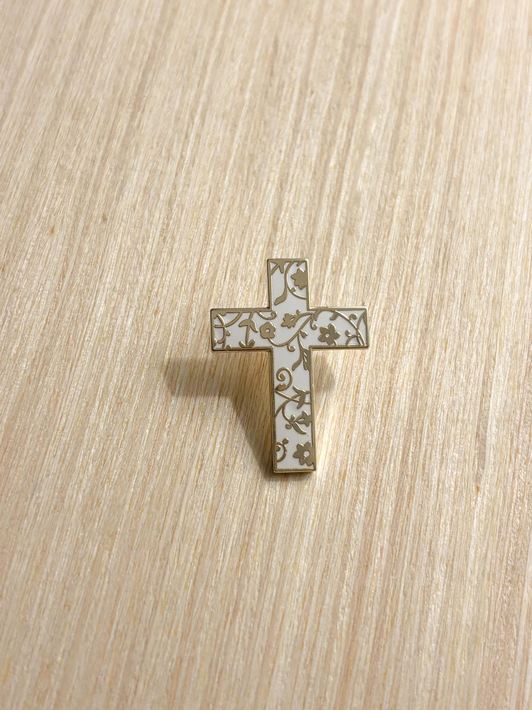 Gold & White Cross Pin, Floral Christian Lapel Pin, Small Religious ...