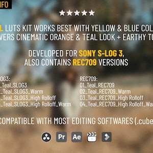 ORANGE & TEAL Cinematic Luts for S-log 3 Video and REC709 Color Presets ...