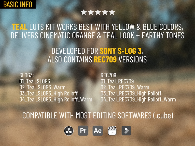 Orange & Teal Cinematic Luts for Color Grading, S-log 3 and REC709 ...